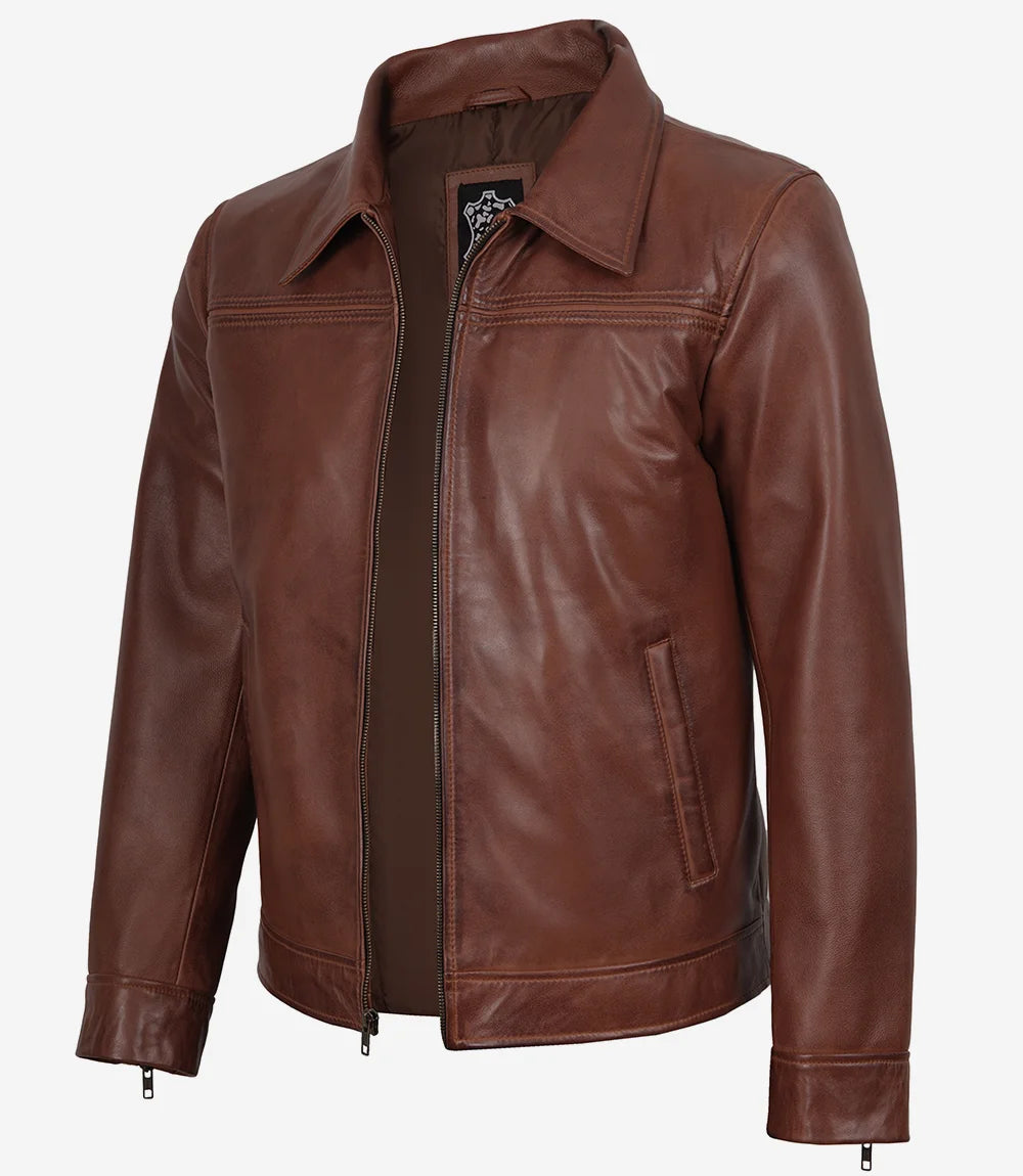 Giacca in pelle di agnello Harrington color cognac da uomo Mark – Decrum