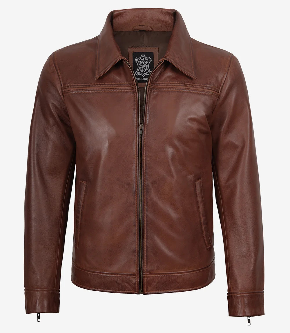 Giacca in pelle di agnello Harrington color cognac da uomo Mark – Decrum
